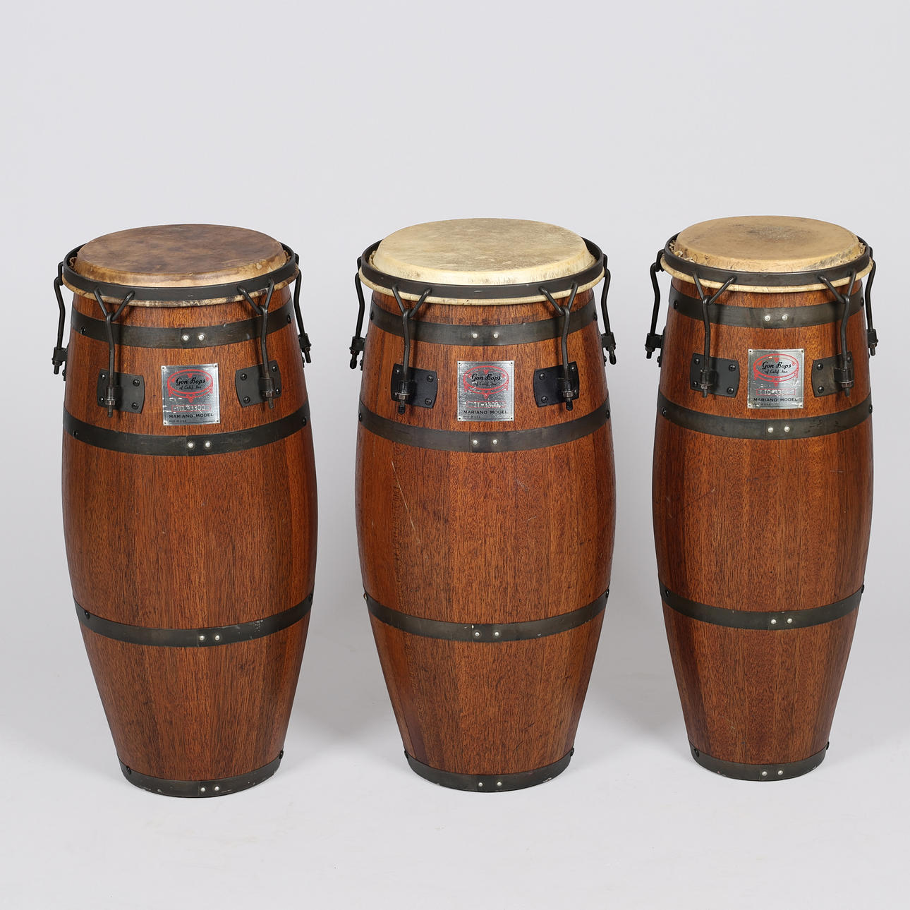 A set of three congas drums, Gon Bops Calif. Inc., Mariano model ...