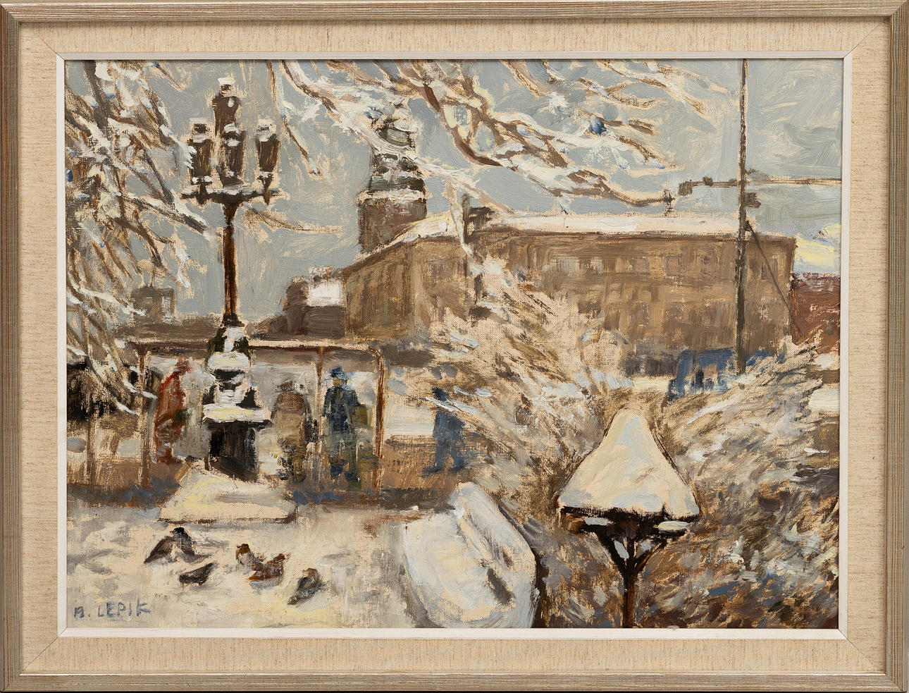 HUGO LEPIK. Oil on canvas, Urban environment in winter screed, signed ...