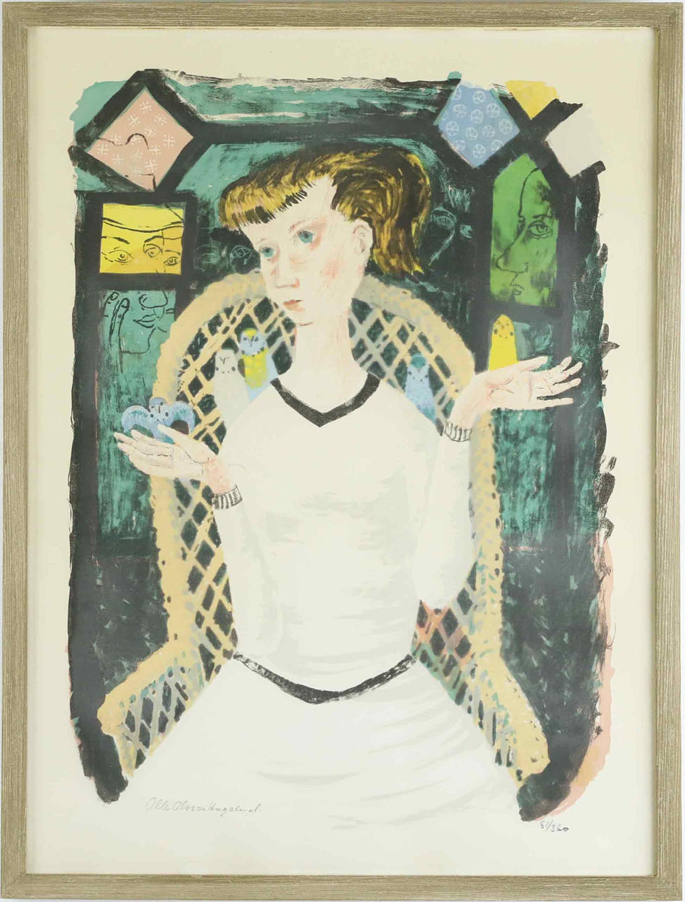 OLLE OLSSON-HAGALUND. Litografi, "Flicka med undulater", numrerad 81/ ...