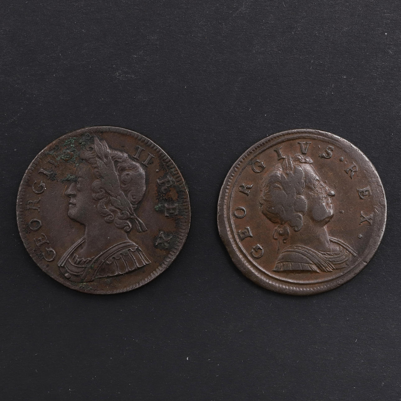 A GEORGE I HALFPENNY, 1722, SIMILAR GEORGE II 1739. Coins, Medals ...