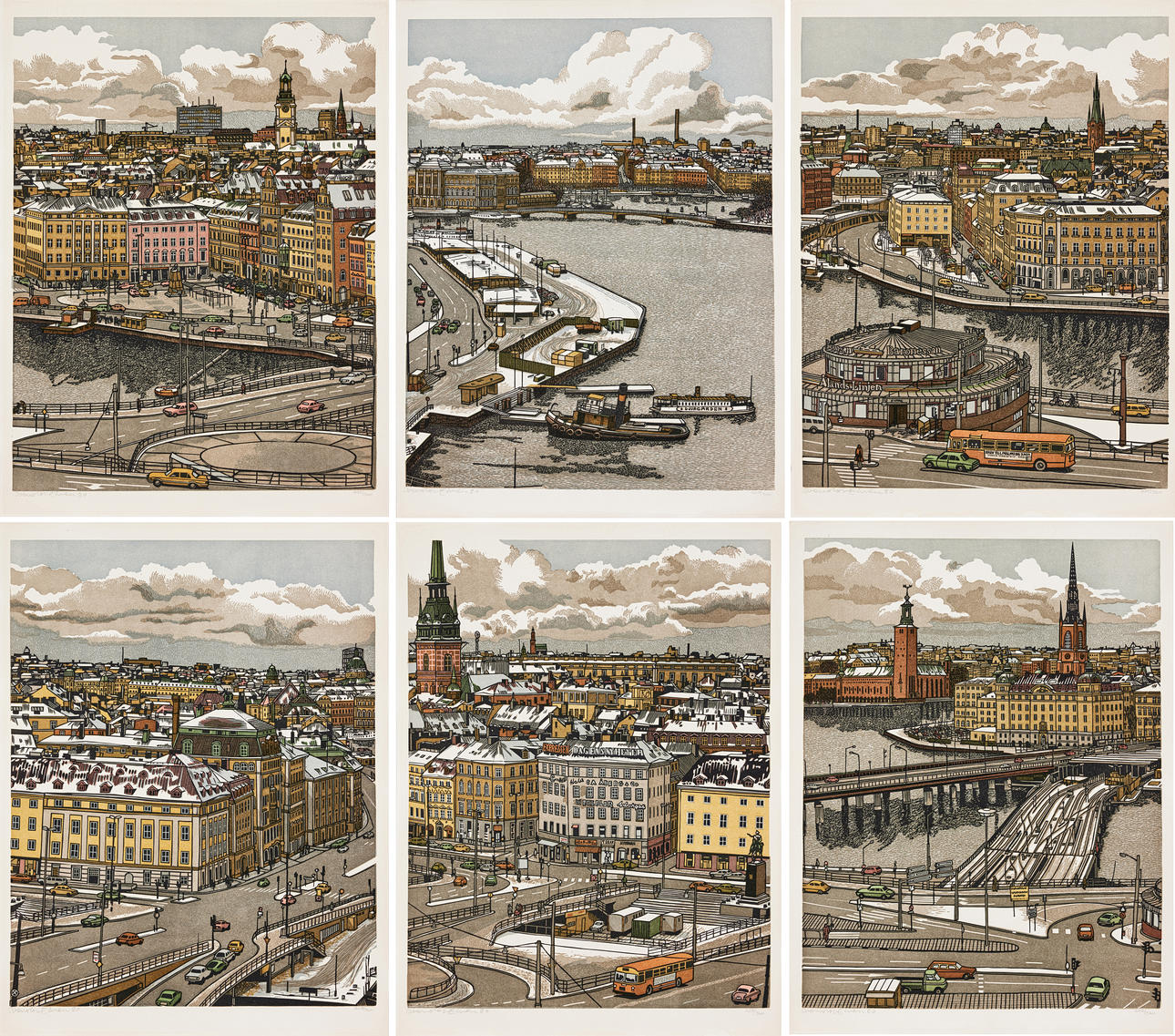 SVENOLOV EHRÉN. Utsikt från Slussen mot Gamla Stan, 6 st, signerade och ...