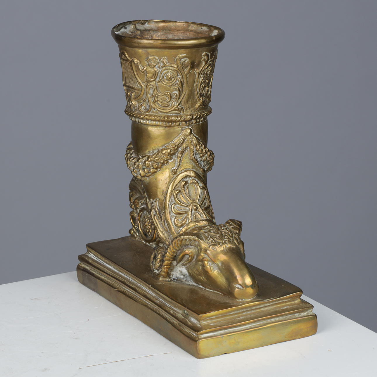 Brass vase with ram's head in French Empire style, 1900's. Silver ...