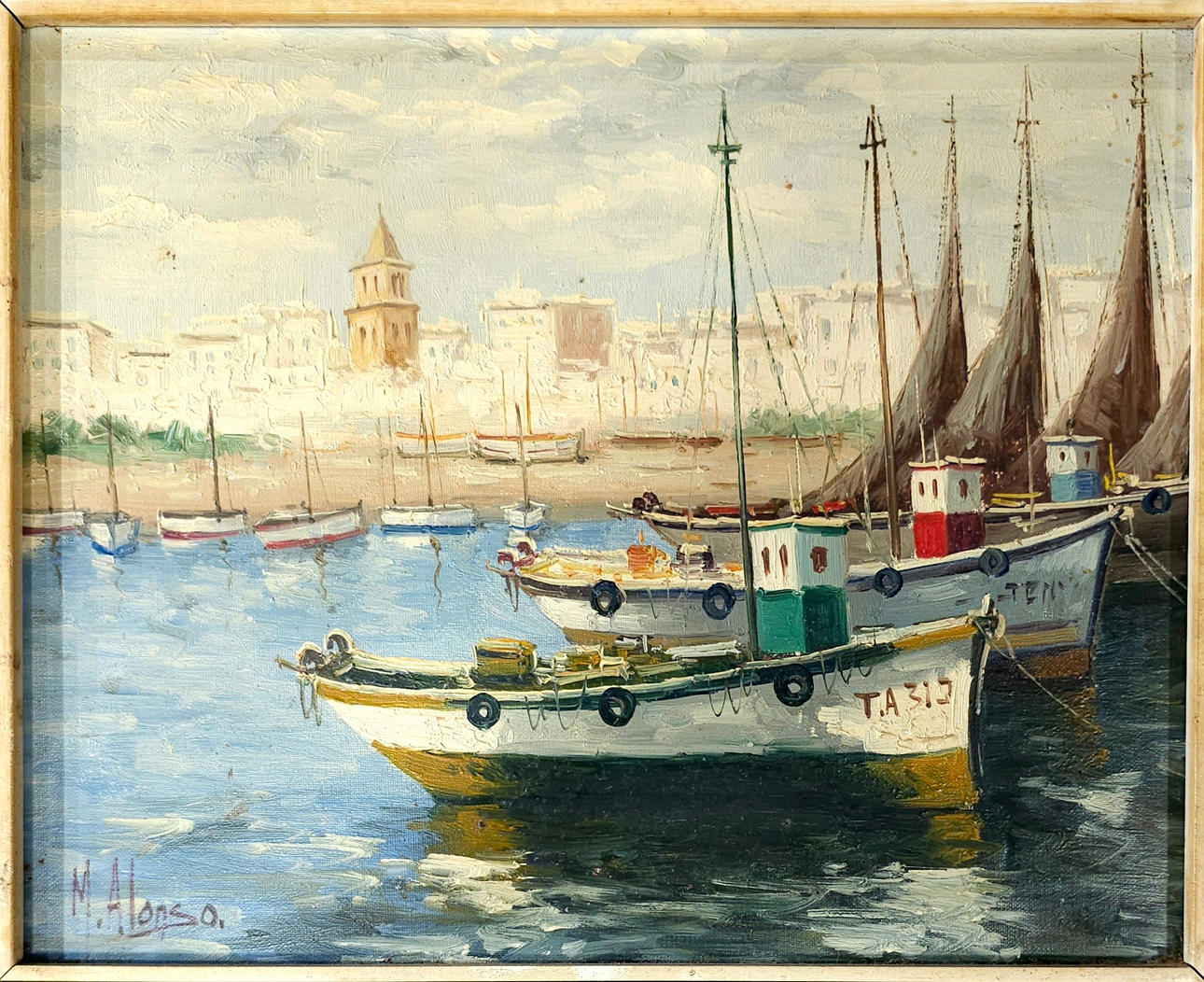 FIRMADO M.ALONSO. Port view. Oil on canvas. Art - Paintings - Auctionet