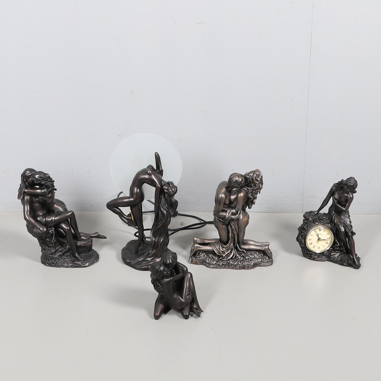 A COLLECTION OF WIDDOP, BINGHAM & CO BRONZE COLOUR RESIN FIGURES, LAMP ...