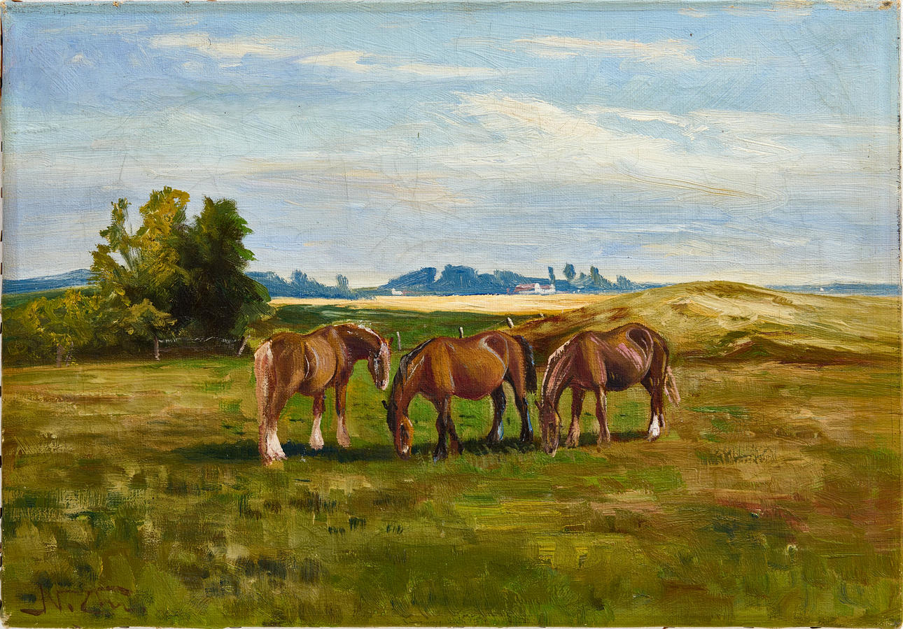 NIELS CHRISTENSEN (DANMARK, 1867-1939). Hästar på bete, signerad, olja ...