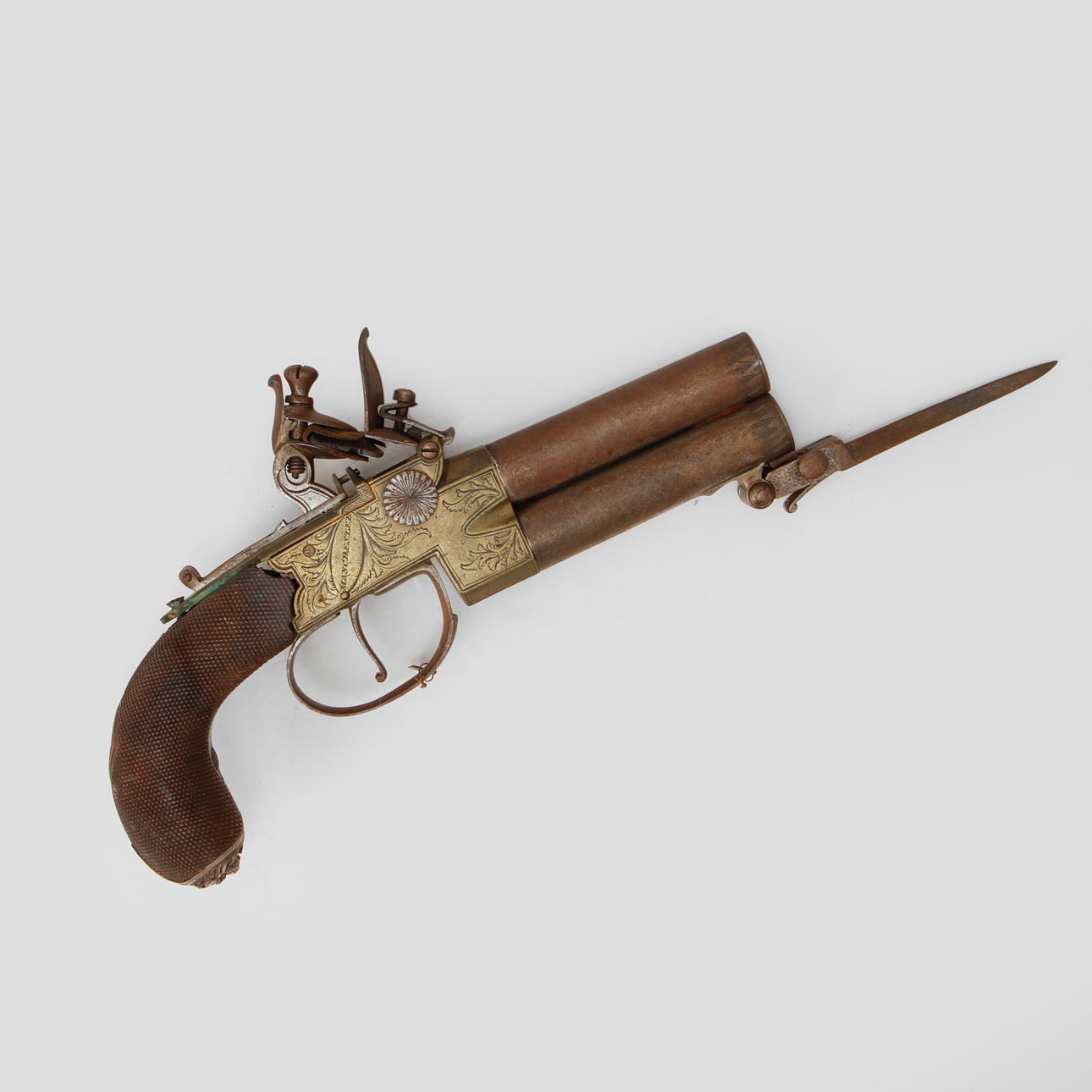 FLINT LOCK PISTOL, double-barreled with bayonet, T Watkins, Manchester ...