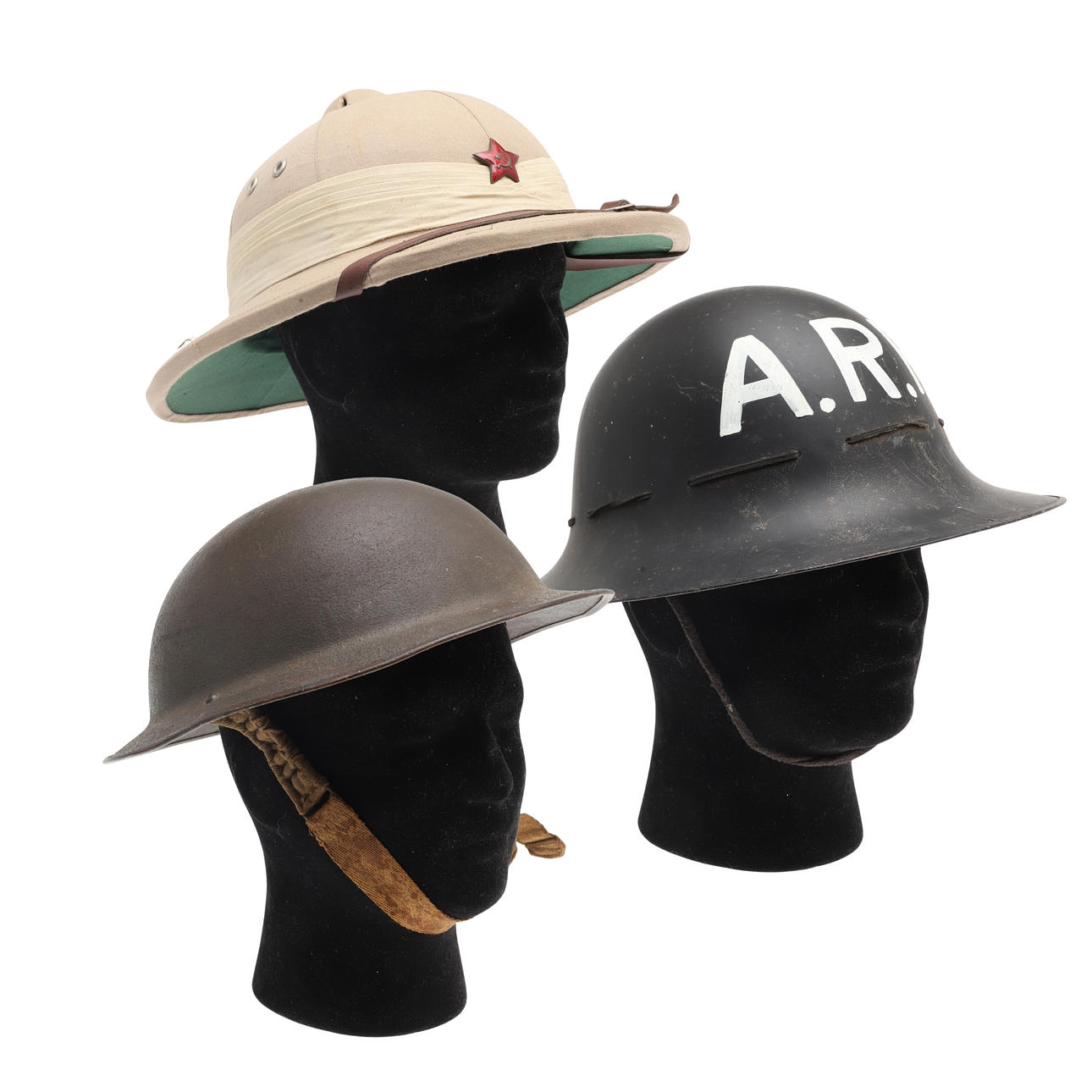 A SOVIET ARMY OFFICER'S SUN HELMET AND TWO OTHER UNIFORM HELMETS ...