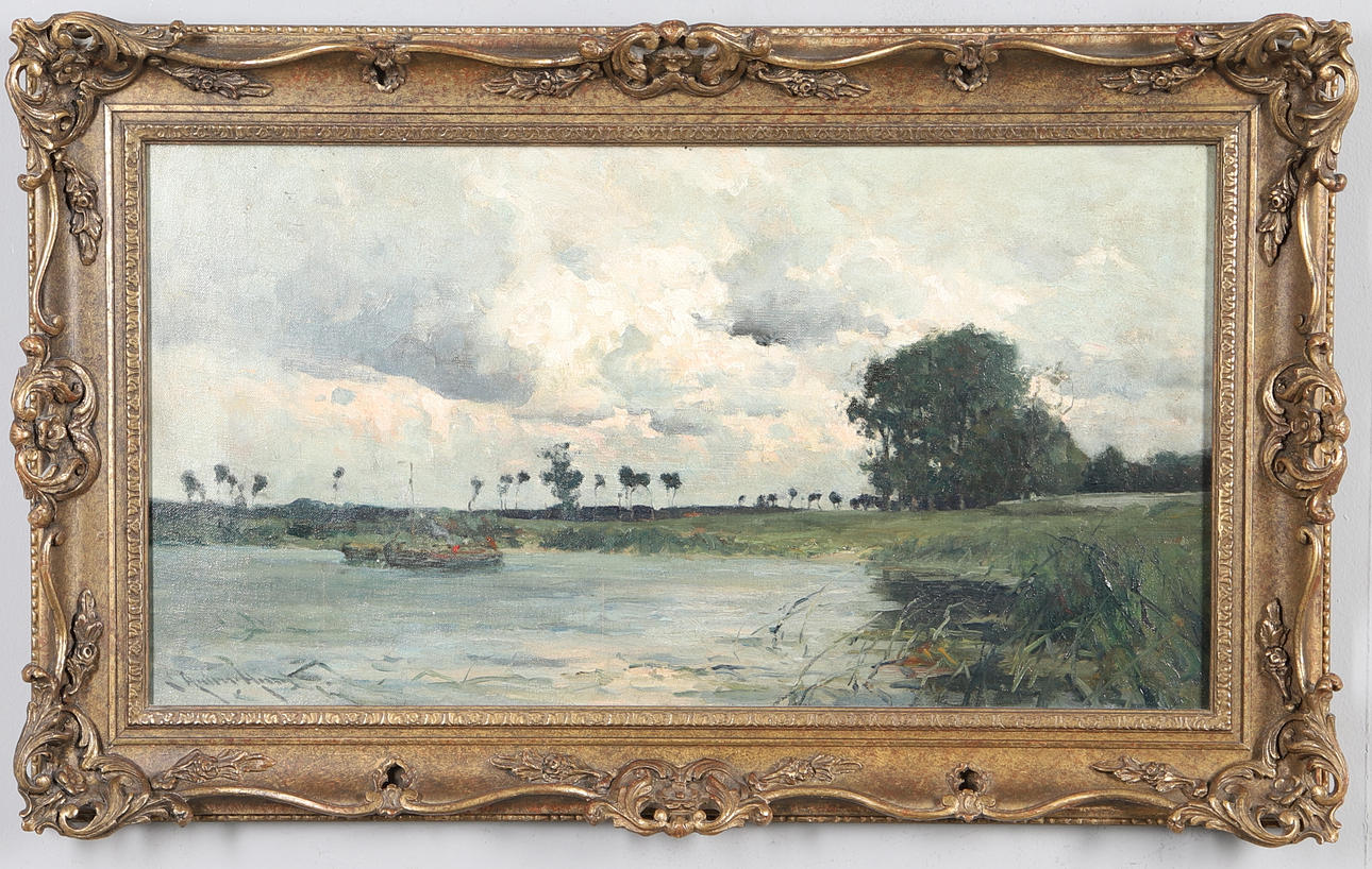 EDWARD AUBREY HUNT RBA (1855-1922). BOATS ON A LAKE IN A LANDSCAPE. Art ...