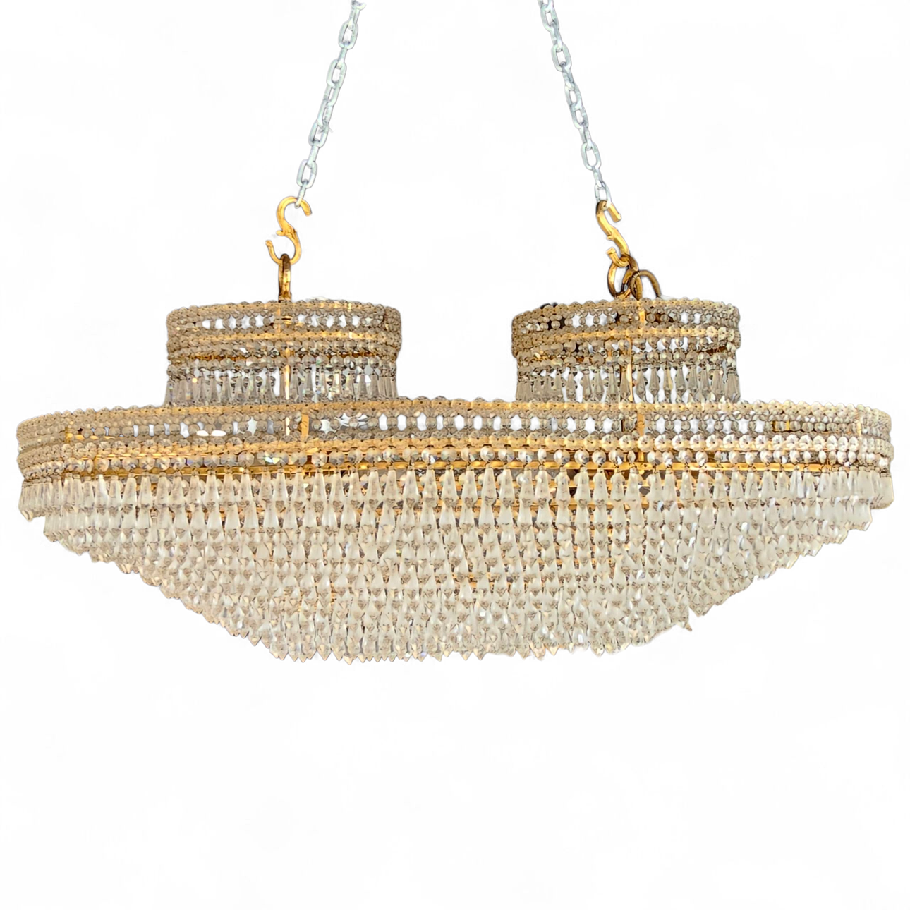 Oval ceiling lamp shaped like a crown of tears in glass. Golden metal ...