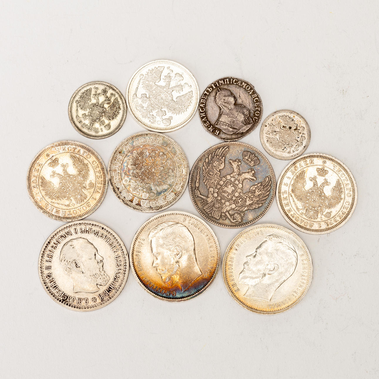 A set of 11 kopeck/half ruble coins, silver, Russia, 18th-20th century ...