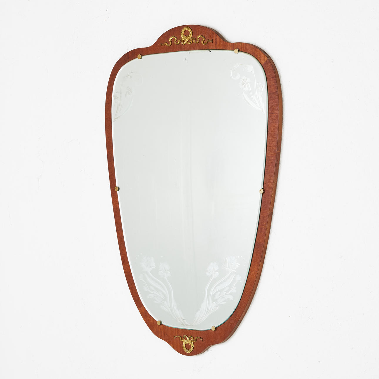 MIRROR, Erich stained glass, organic shape, frame in mahogany, brass ...