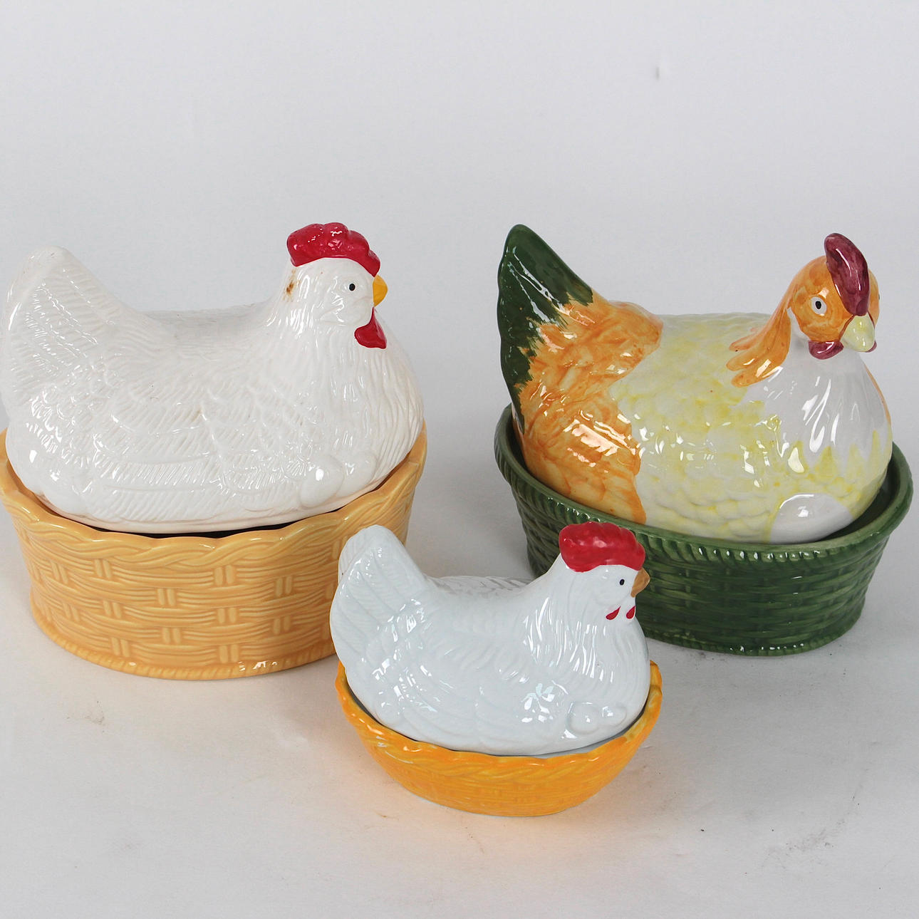 Three painted ceramic egg hens, second half of the 20th century ...