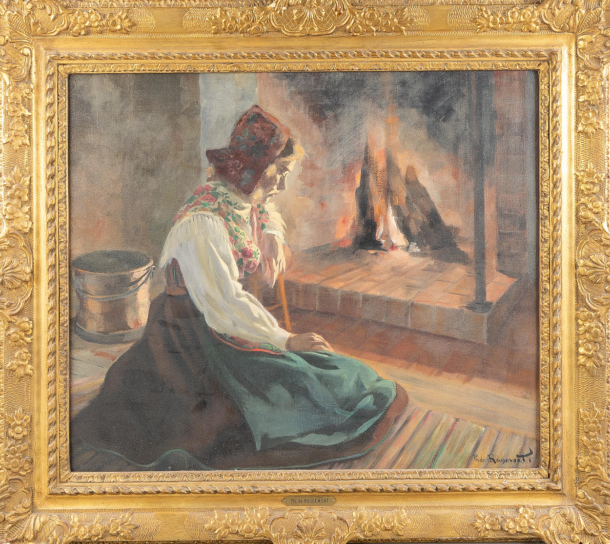 PHILIPPE DE ROUGEMONT (1891-1965). Dalkulla by the fire, oil on canvas ...