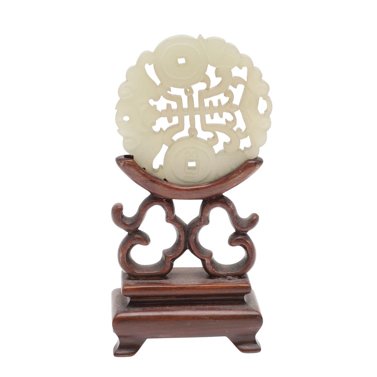 A CARVED JADEITE DISC ON STAND. Asiatica - Jade - Auctionet