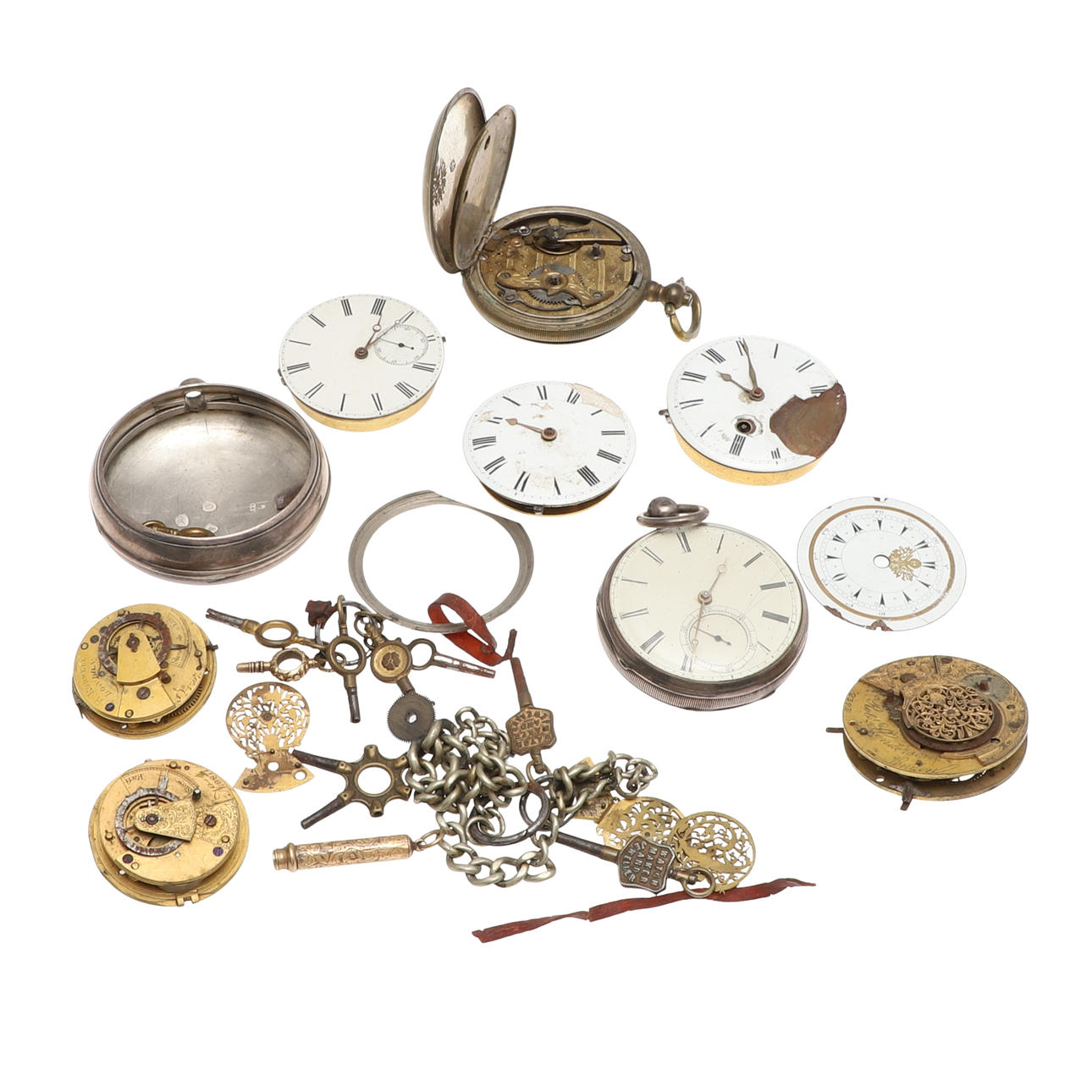 A VICTORIAN SILVER POCKET WATCH AND POCKET WATCH PARTS. Clocks ...
