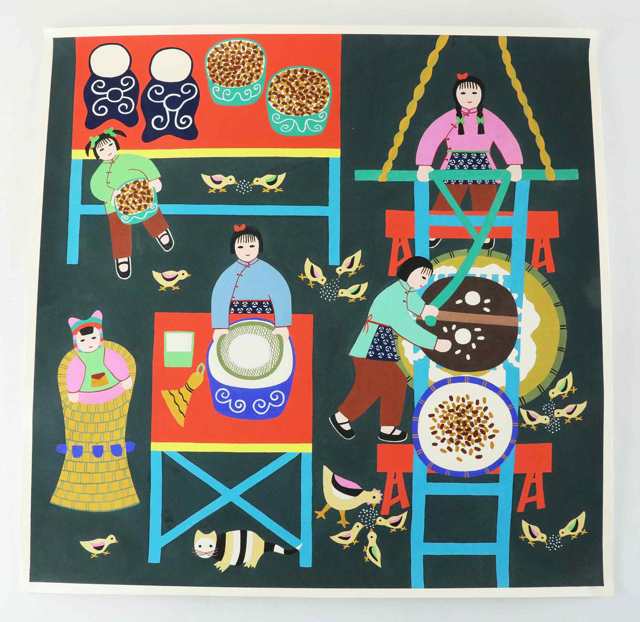 ZHANG MEILING. Gouache, Chinese peasant painting, “Grinding” signed and ...