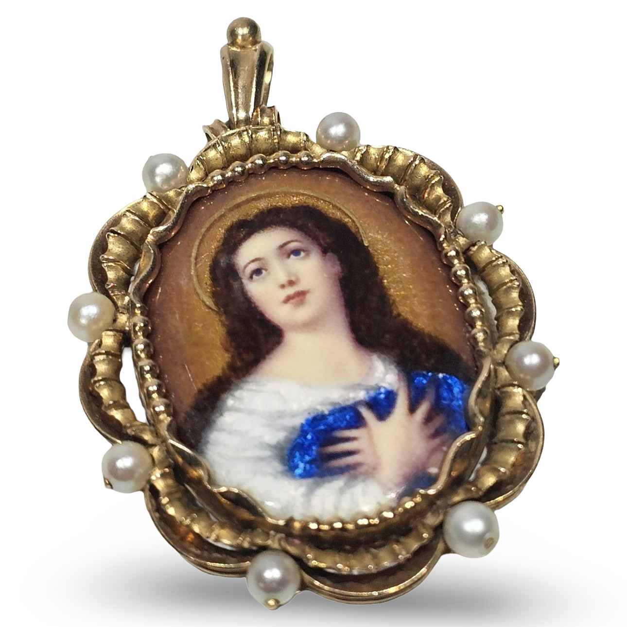Image of the Virgin medal in enamel with an 18k yellow gold border and ...