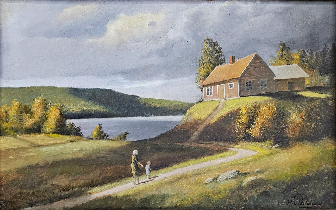 HARRY WALDOW. Landschaft mit Frau und Kind auf dem Heimweg. Öl auf ...