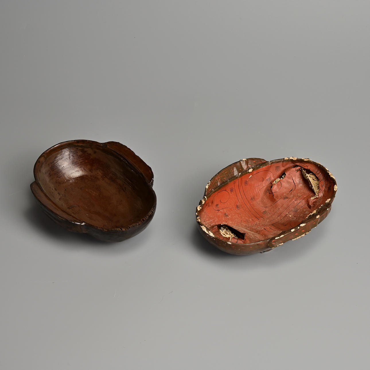 TWO CHINESE BROWN AND RED LACQUER EAR CUPS, ERBEI, WESTERN HAN DYNASTY ...