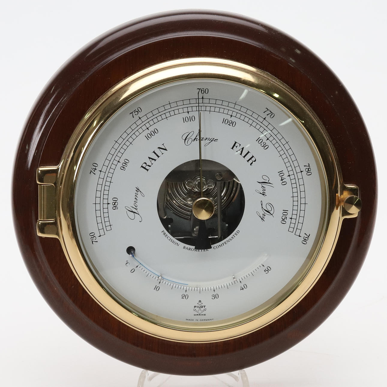 BAROMETER with thermometer. Wood, glass & brass. Pilot Marine, Germany ...