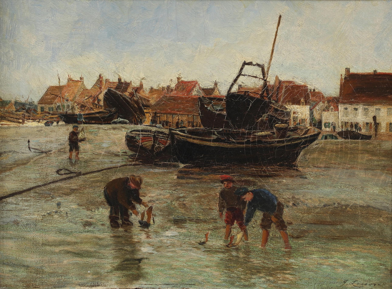 JULES LESSORE. Boys with sailboats, oil on canvas, signed. Art ...