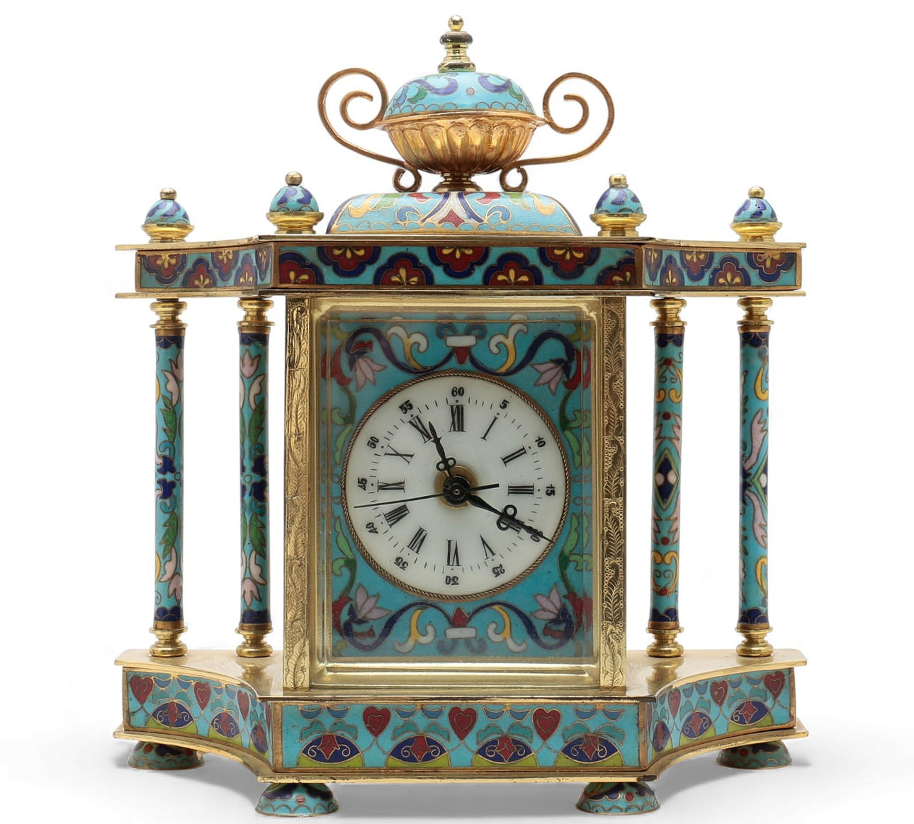 French table clock in “cloissoné” enameled brass, from the late 19th ...