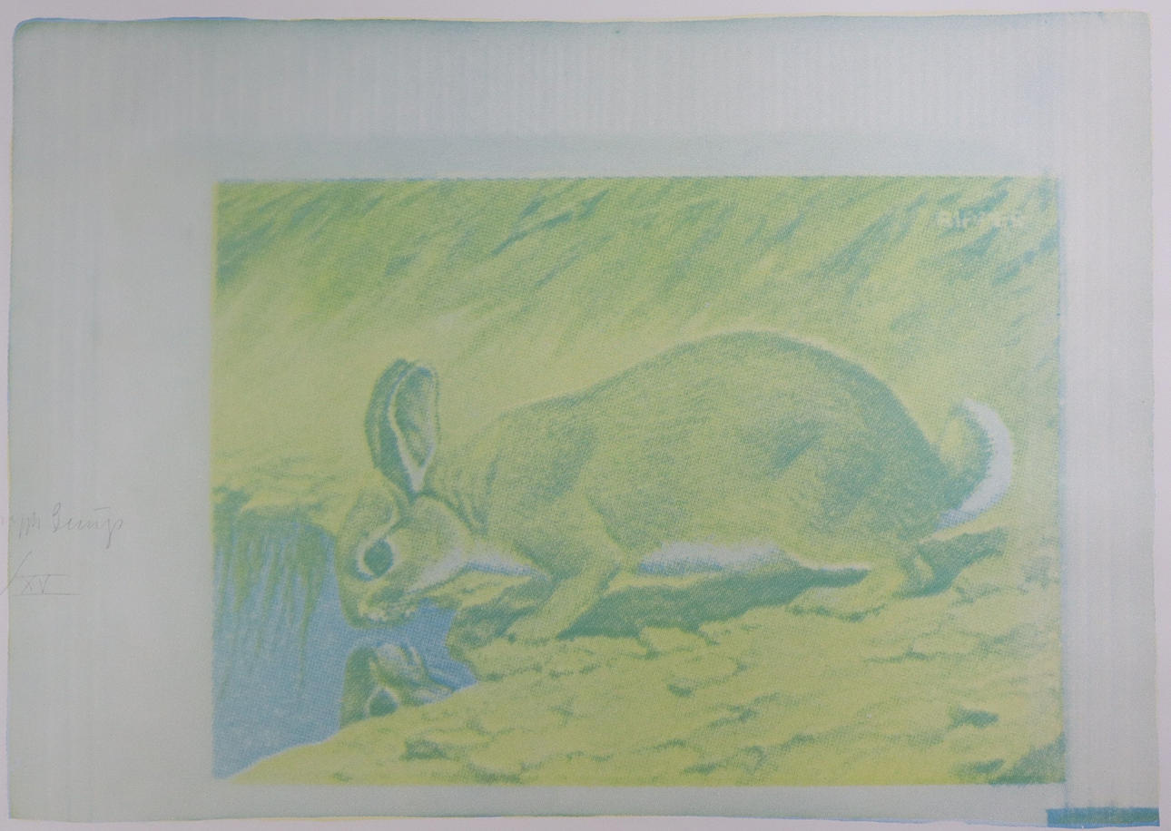 BEUYS, JOSEPH. “American rabbit sugar”, offset lithograph in yellow and ...