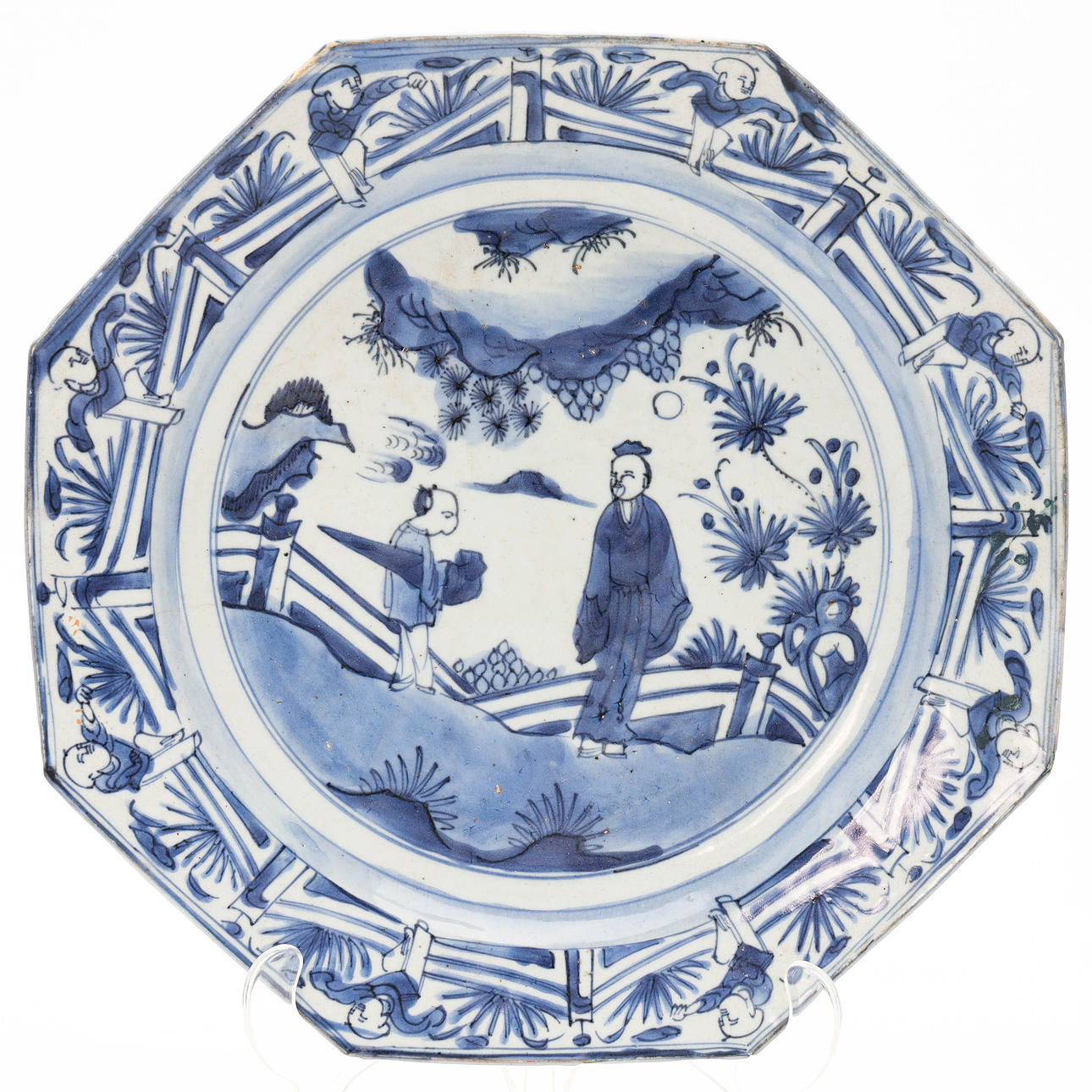 FAT, porslin, underglasyr i blått, figurscen i landskapsmiljö, Wan Li ...