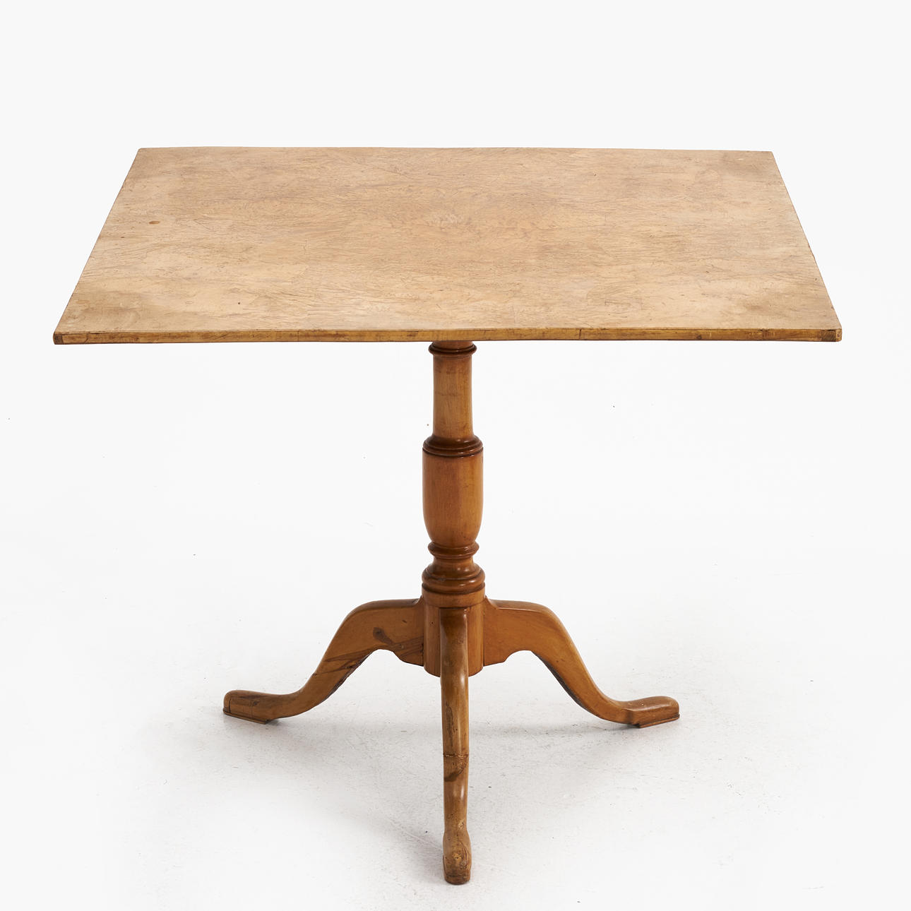 A 19th century folding table. Square disc with root veneer, three-part ...