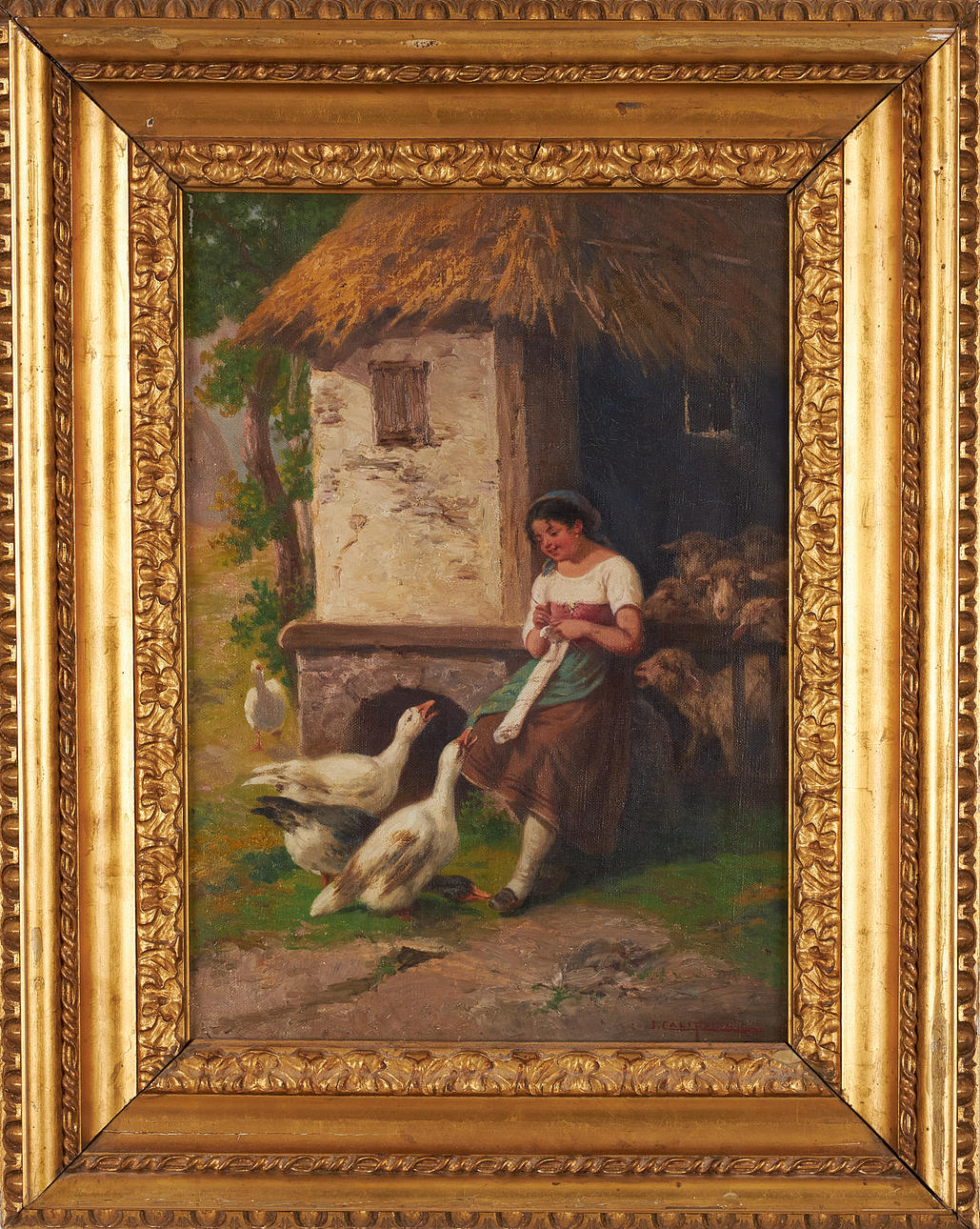 JOHN CALIFANO (1864-1924). Woman with geese, oil on canvas, signed. Art ...