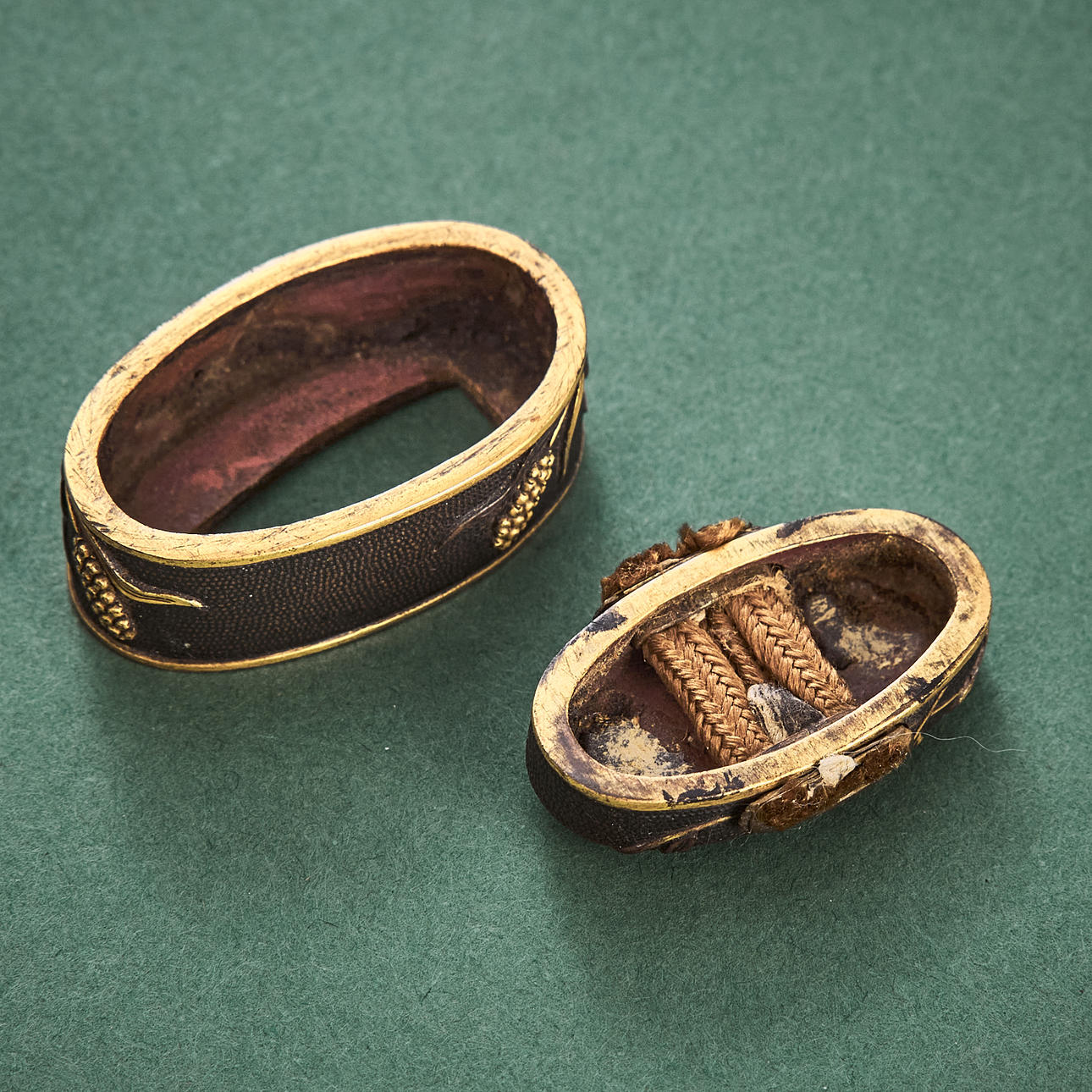 FUCHI and KASHIRA, Japanese, shakudo with gold inserts, decor of quails ...