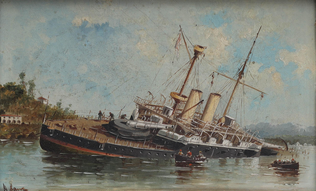AUGUST LANG (1839-1895), Öl auf Tafel, Bergung der HMS Howe 1892 ...