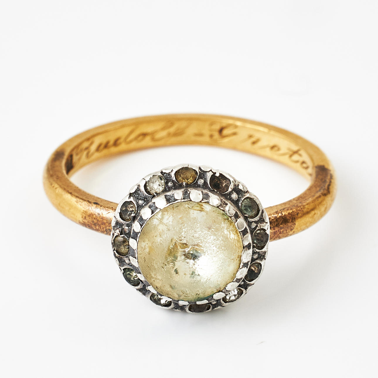 RING, 23k gold, soldered older part with faceted glass in silver ...