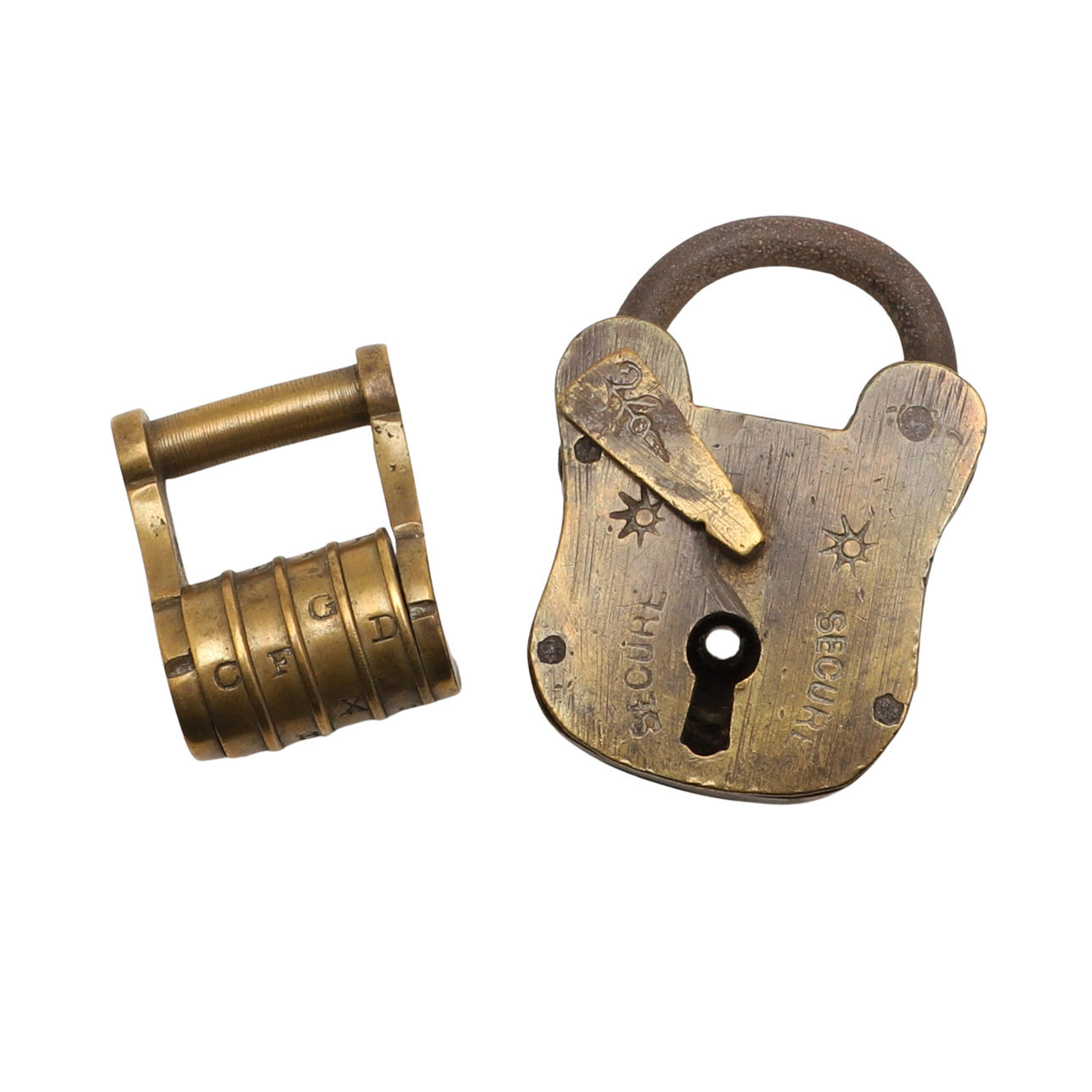 A RARE VICTORIAN BRASS COMBINATION ALPHABET LOCK. Miscellaneous ...