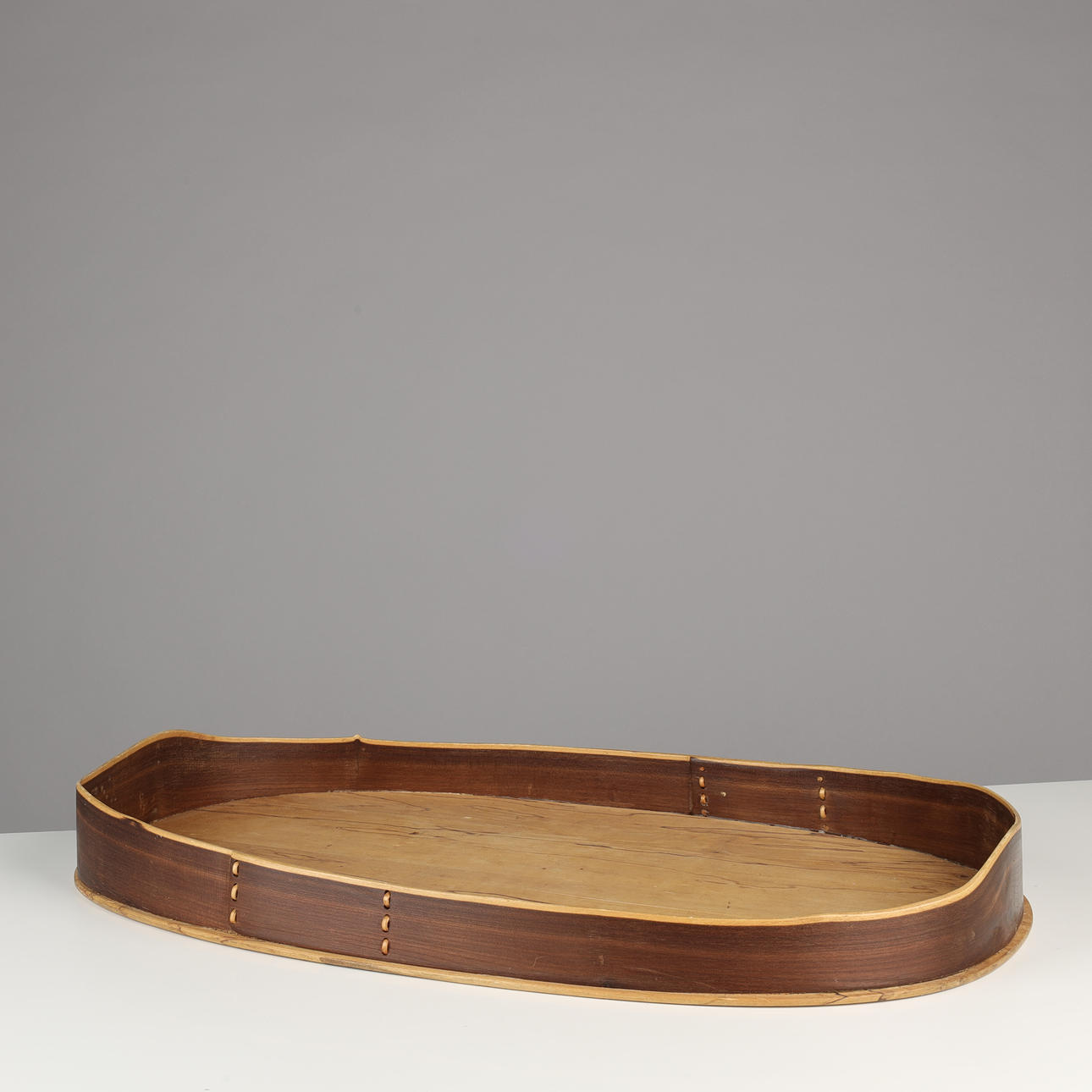 Large, handmade tray of birch and dark wood, signed and dated by ...