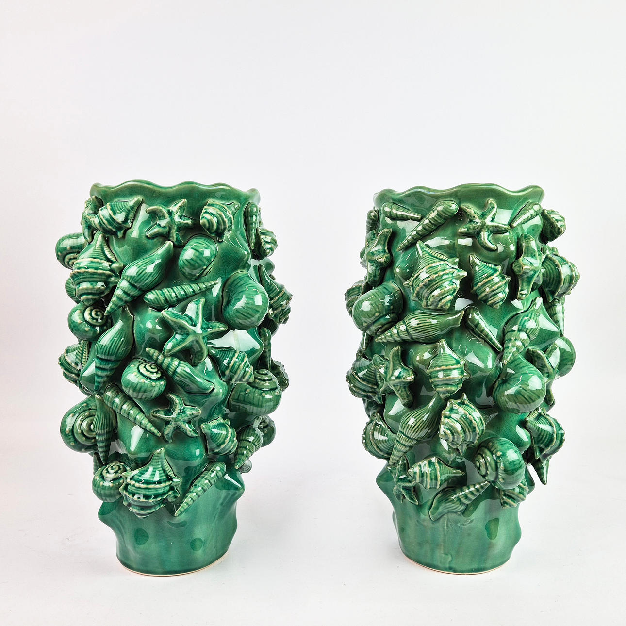 PAIR OF GREEN GLAZED CERAMIC SEA SHELL VASES. Ceramics & Porcelain ...