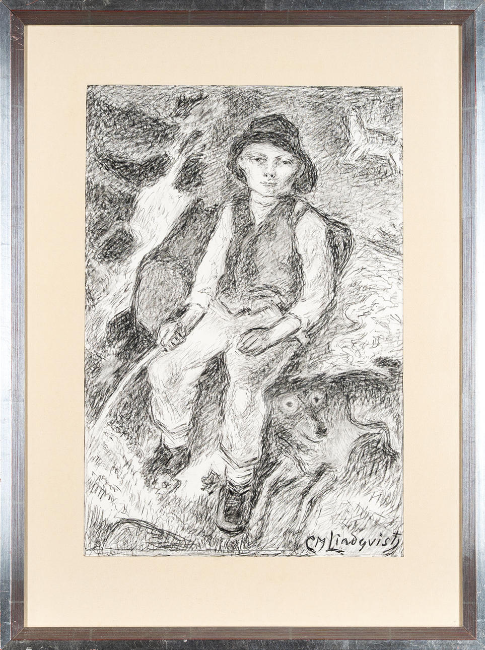 CARL MAGNUS LINDQVIST. Charcoal drawing on paper, Motif-Boy with dog ...