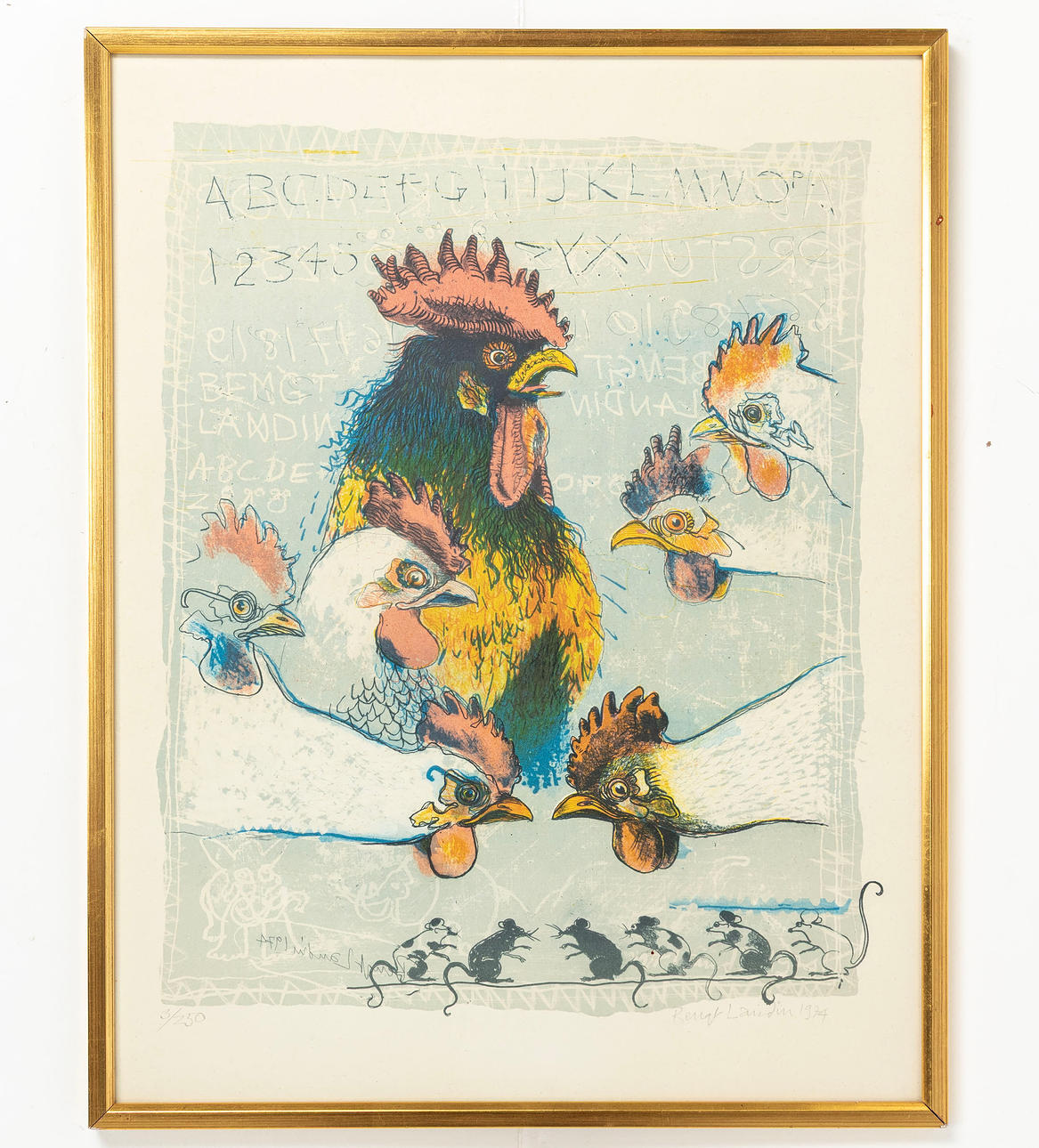 BENGT LANDIN. Rooster and Hens, lithograph, signed and numbered 3/250 ...