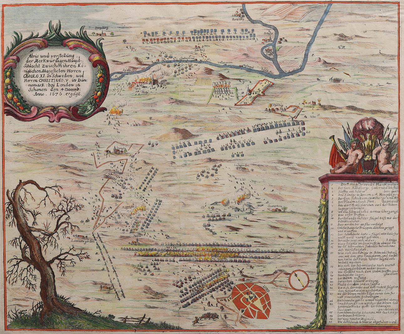 SITUATIONAL MAP OF THE BATTLE OF THE GROVE 1676, HAND-COLOURED ETCHING ...