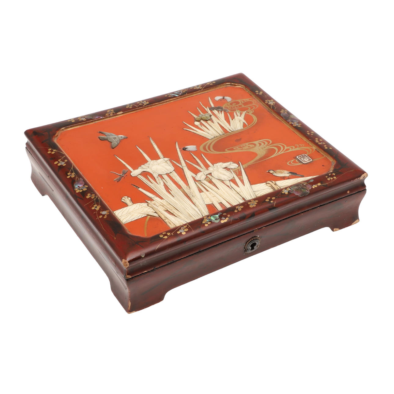 A JAPANESE RED LACQUER BOX INLAID WITH MOTHER OF PEARL AND BONE ...