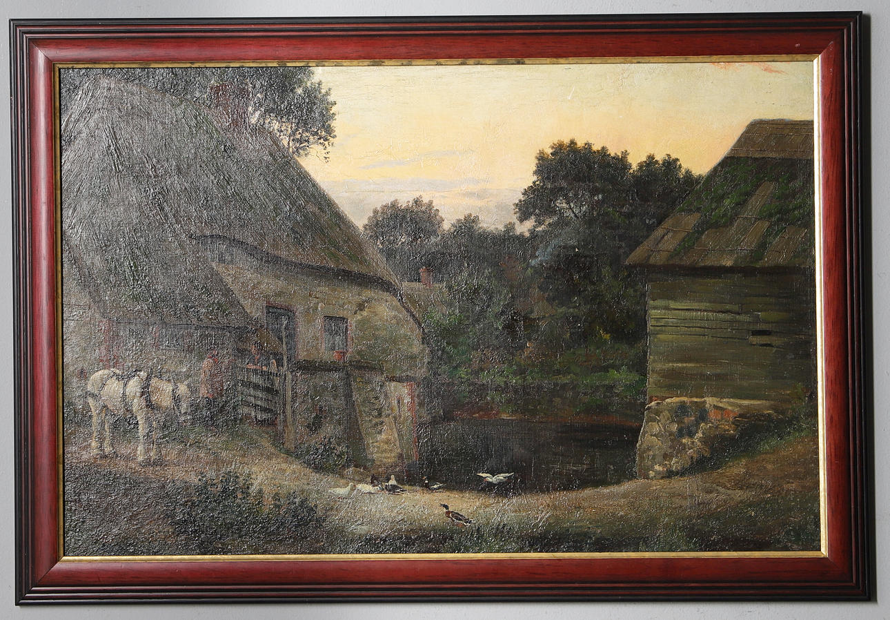 FOLLOWER OF ERNEST WALBOURNE. FIGURES IN A FARMYARD WITH SHIREHORSE ...