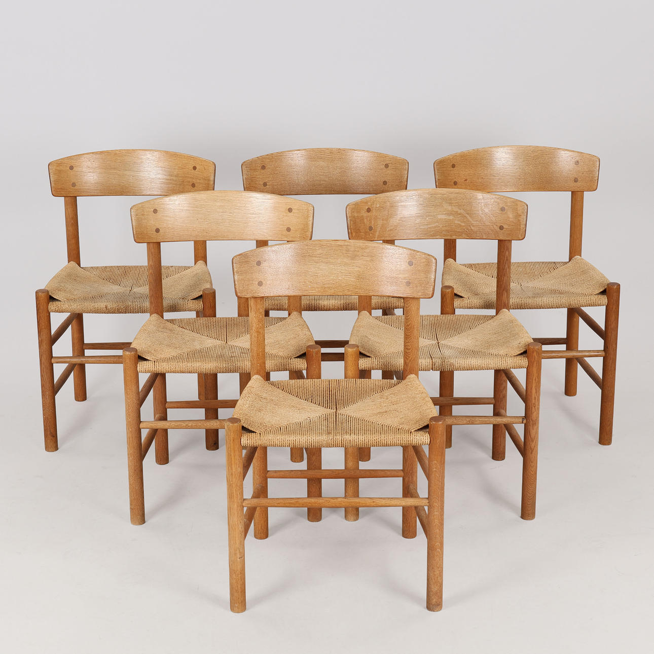 6 st ”Folkestols” i massiv ek och pappersflätning, modell J39, FDB ...