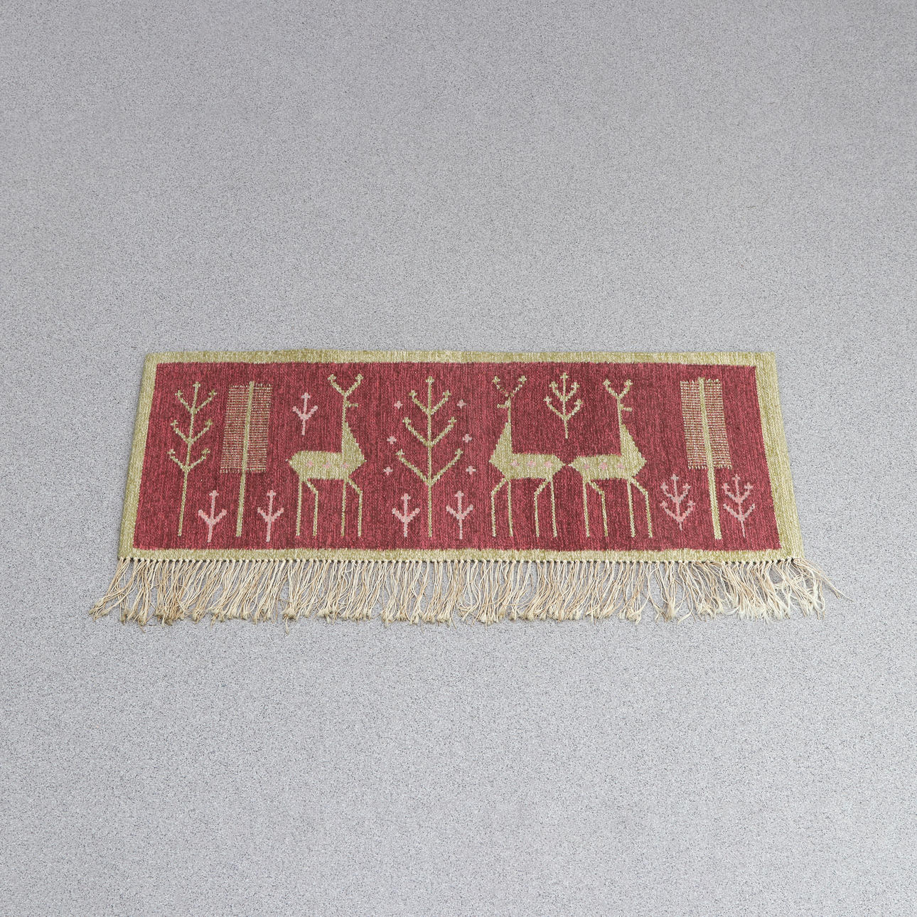 WOVEN TEXTILE. Wool on cotton wool. Decor of deer animals. Carpets ...