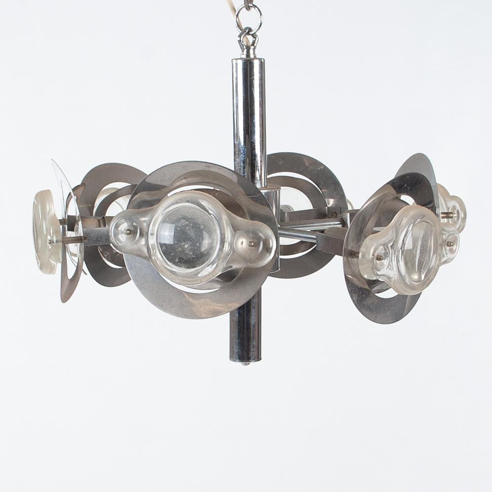 A 1970s/80s ceiling lamp, with six arms, chromed metal and optical ...