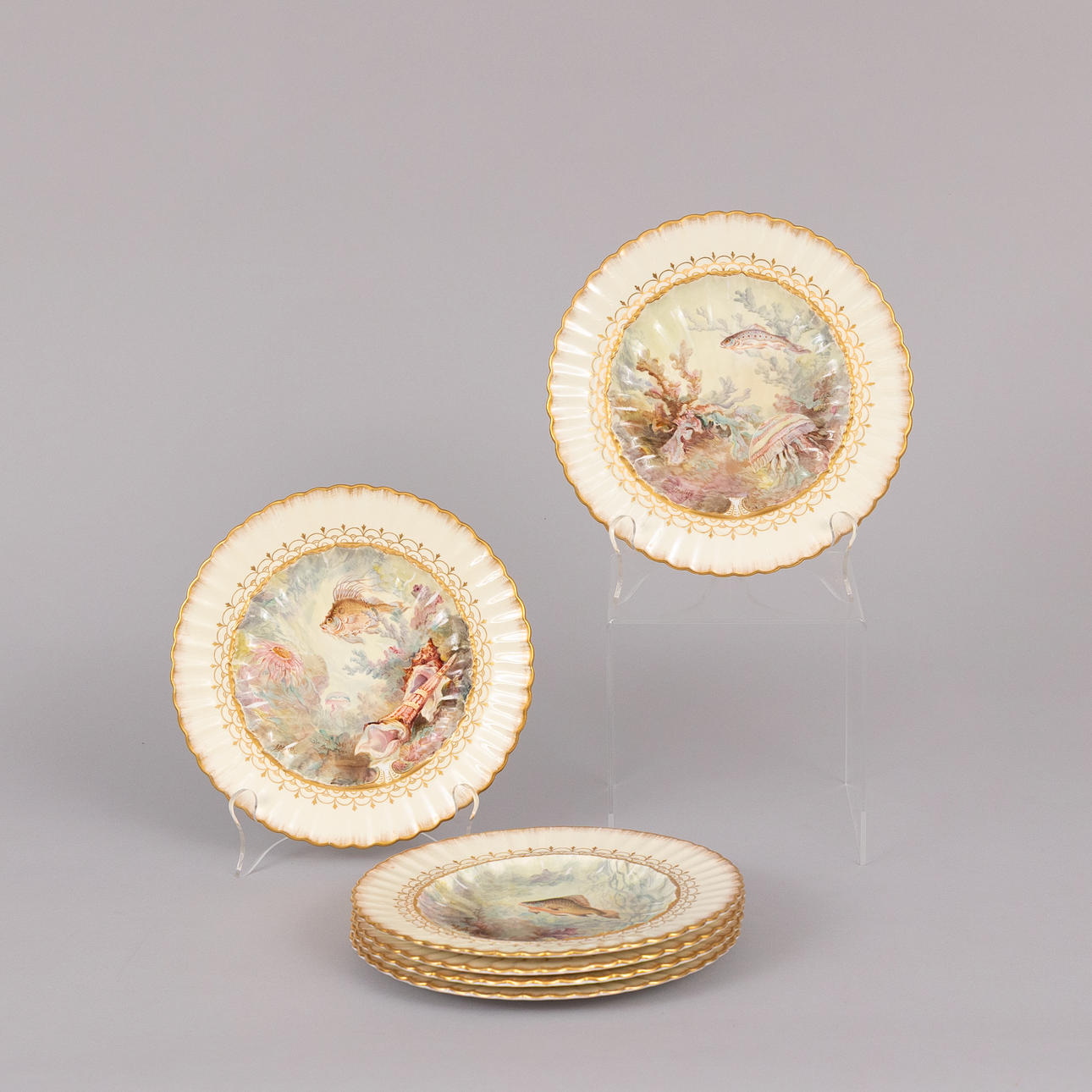 JOSEPH BIRBECK. A set of 6 fish plates, hand-painted porcelain, Royal ...