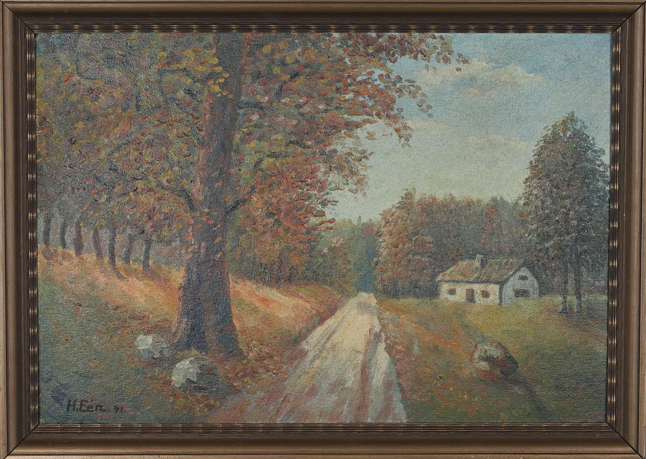 UNIDENTIFIED ARTIST, oil on panel, autumn landscape, signed H.Eén and ...