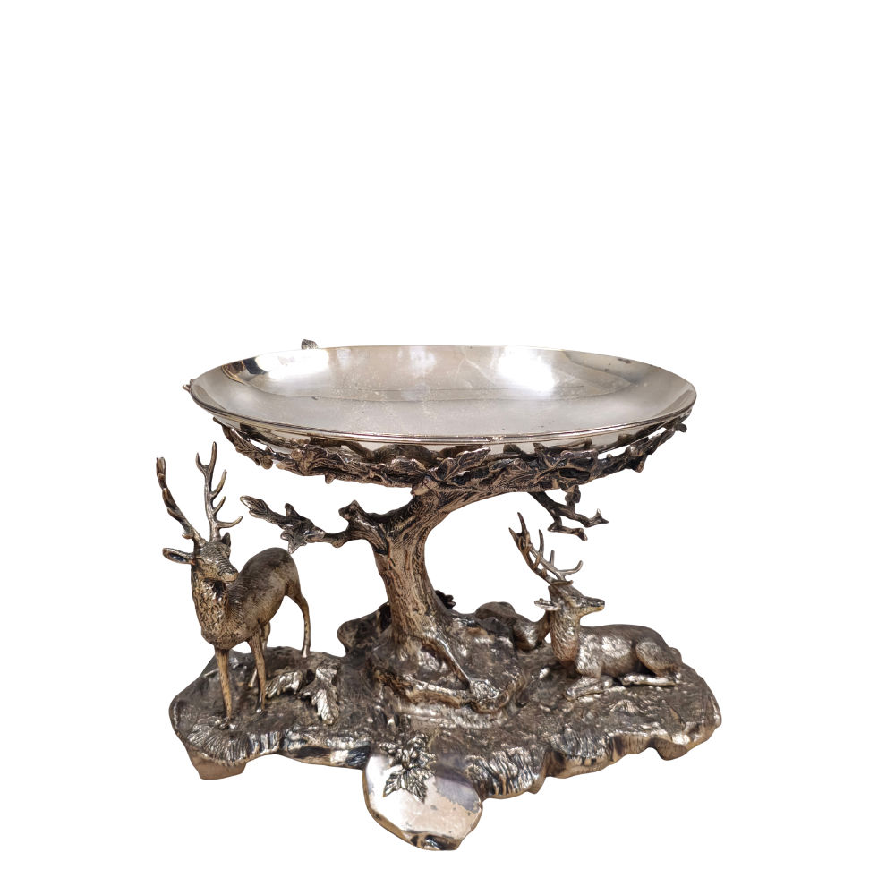LARGE CENTER WITH COUNTRY SCENE OF DEER UNDER A TREE IN SILVER METAL ...