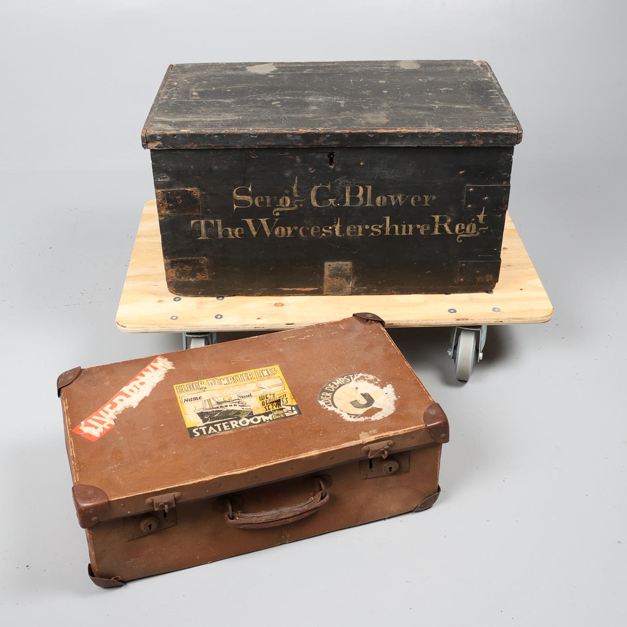 SMALL FIRST WORLD WAR IRON BOUND PAINTED PINE MILITARY TRUNK AND A ...