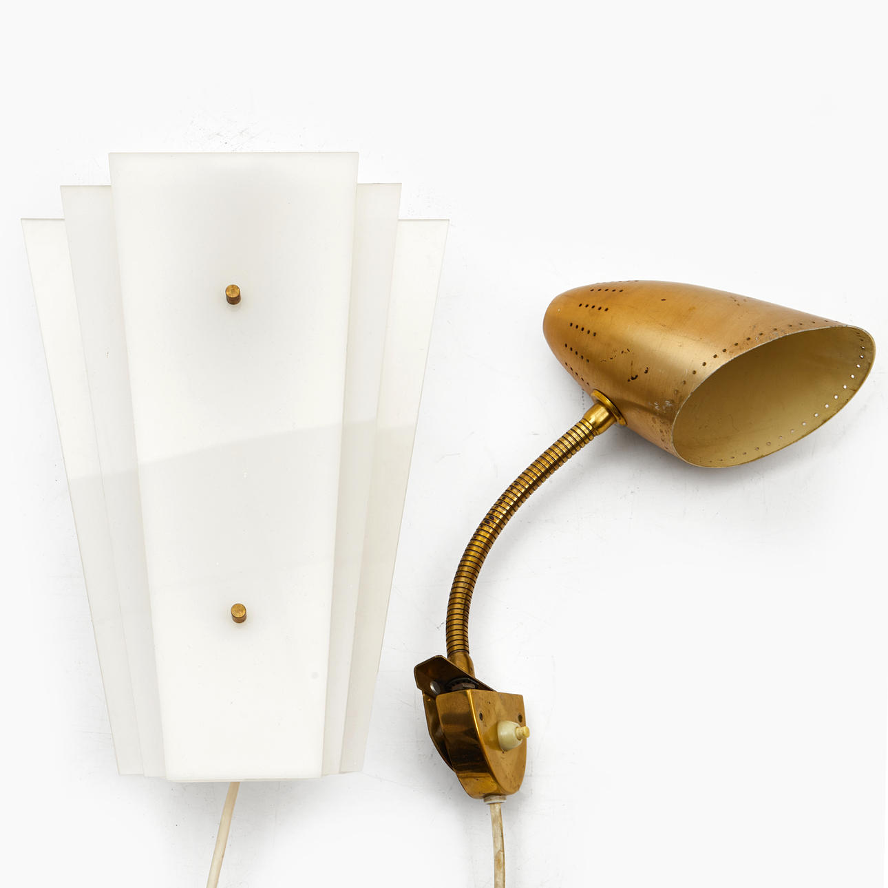 Two wall lamps, 1950/60s. brass, screens in plexi or perforated sheet ...