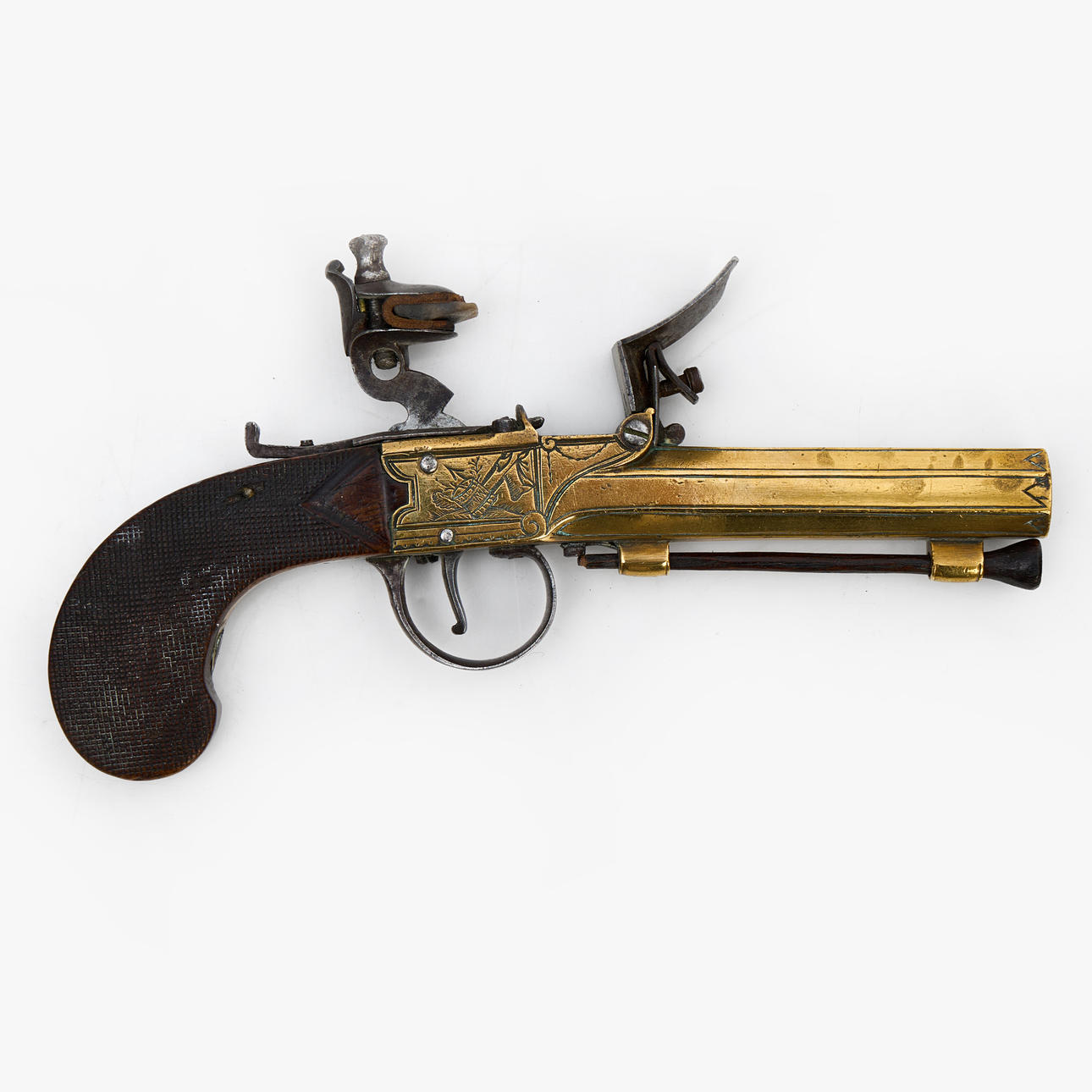 FLINTLÅSPISTOL, mässing, boxlock, London omkring 1800. Vapen ...